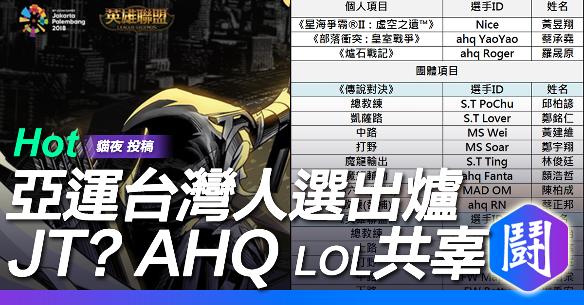 台灣亞運選手名單出爐！LOL 閃電狼+GRX AHQ、JT全部共辜
