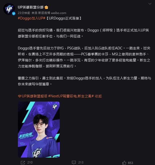 又搭配冠軍輔助 ! UP官宣: 下路Doggo加入