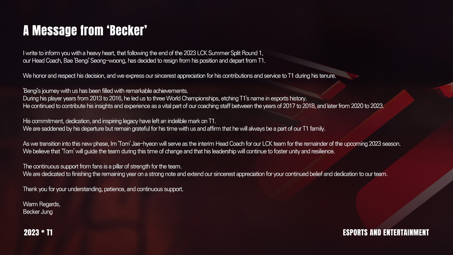 突發！T1官方宣佈教練Bengi離隊！ | 英雄聯盟