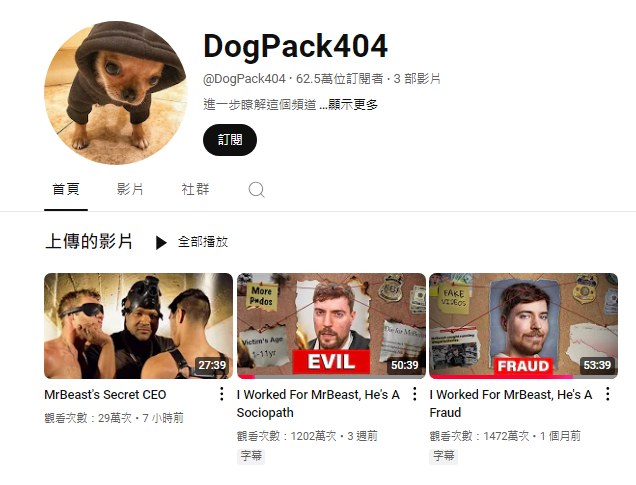 MrBeast準備起訴前員工"DogPack404"散發不實訊息